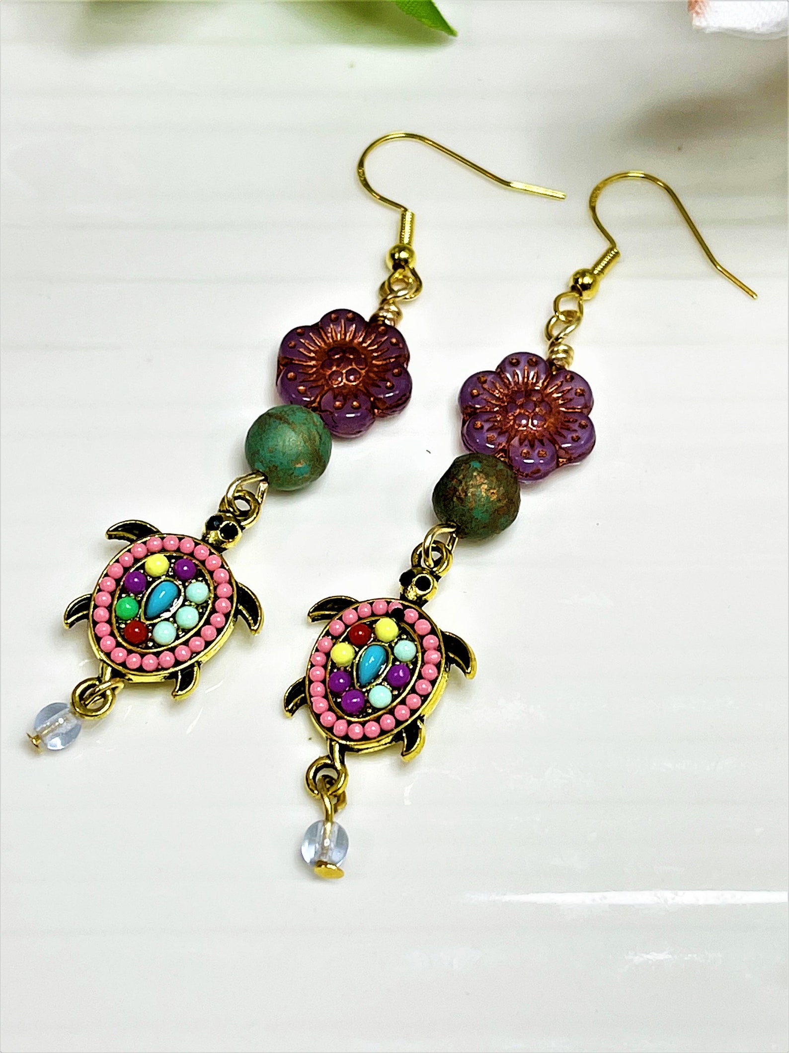 Bohemian Style Tortoise Earrings With Lavender Opal Czech Glass Flower ...