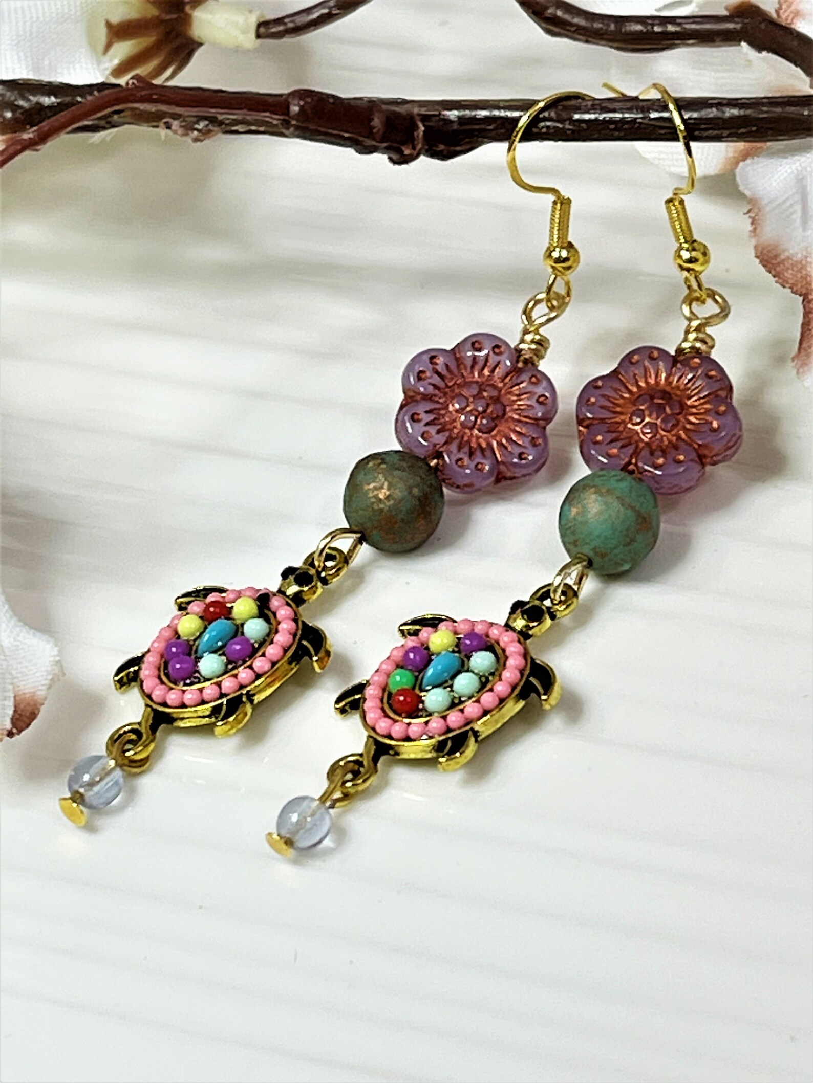 Bohemian Style Tortoise Earrings With Lavender Opal Czech Glass Flower ...