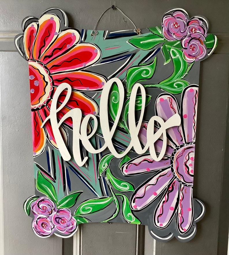 Hello Flower Door Hanger Spring Door Summer Door Whimsical - Etsy