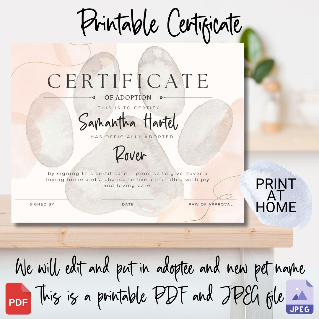 Printable Pet Adoption Certificate, Printable Dog Adoption Certificate ...