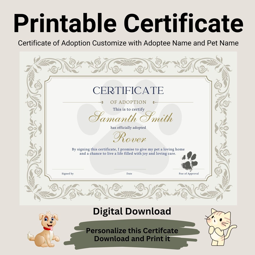 Printable Pet Adoption Certificate Printable Dog Adoption - Etsy