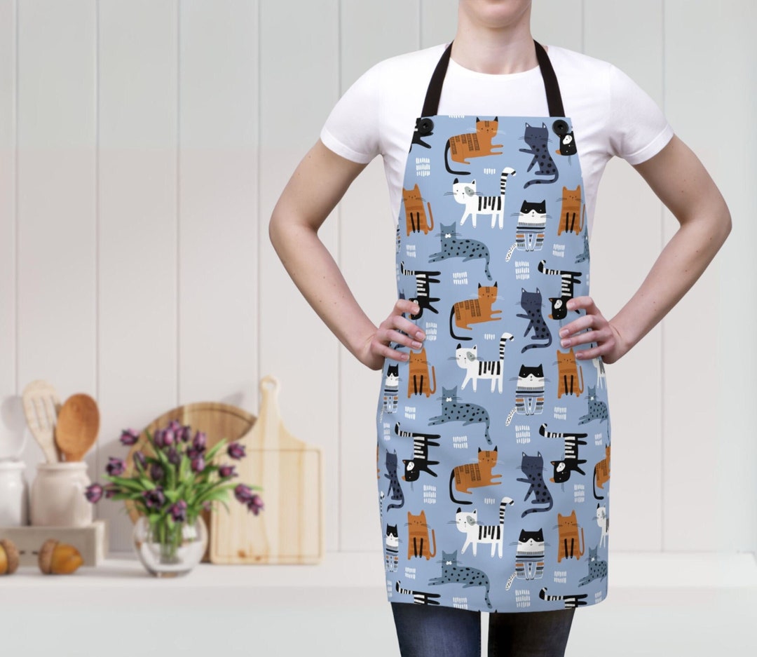 Blue Cat Pattern Apron, 100% Polyester, Cat Lover Gift - Etsy