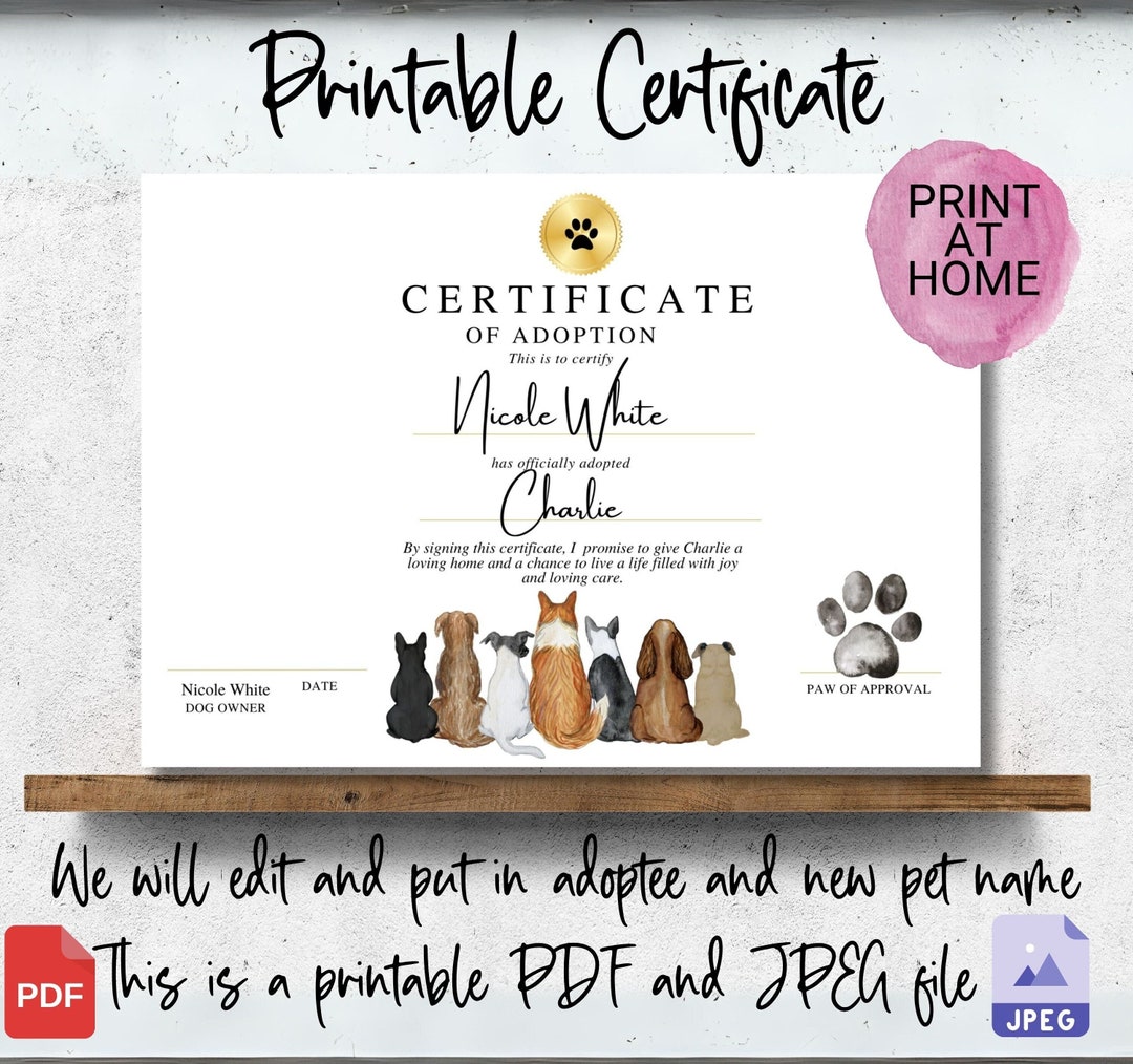 Printable Pet Adoption Certificate, Printable Dog Adoption Certificate ...