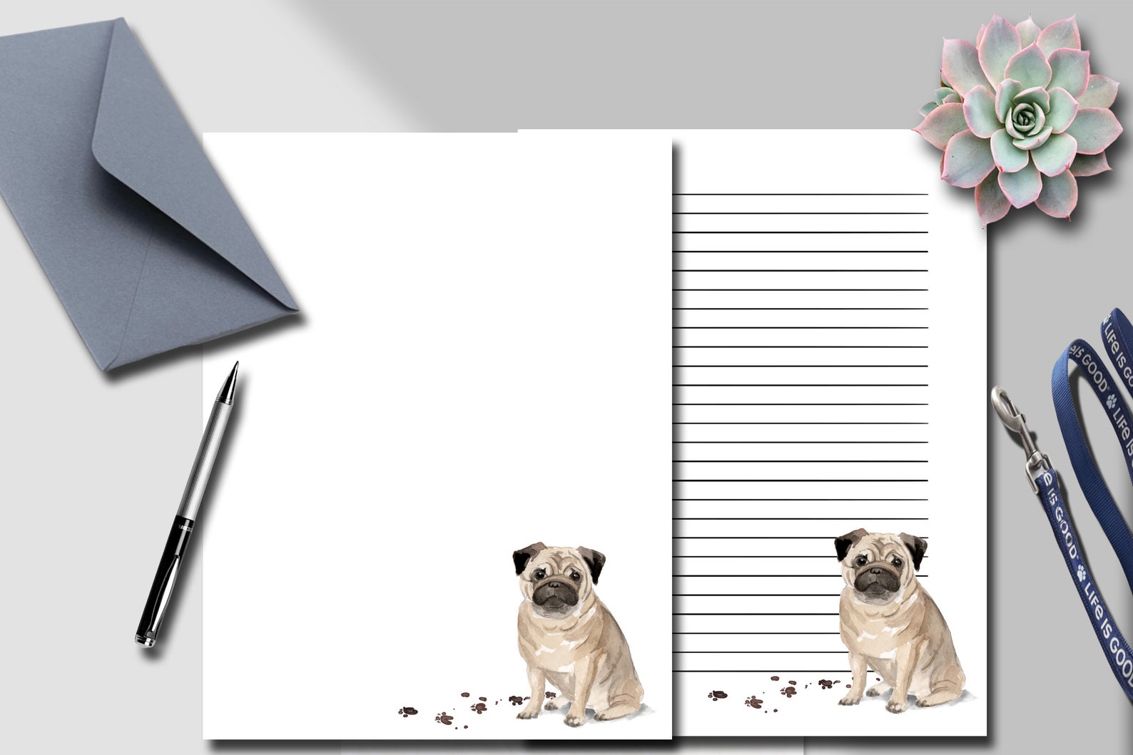 Pug Printable Writing Paper SetInstant Download Note Paper | Etsy