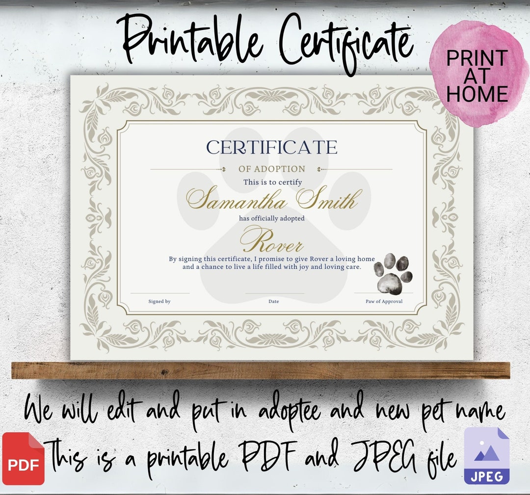 Printable Pet Adoption Certificate, Printable Dog Adoption Certificate ...