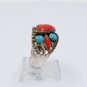Turquoise and Red Coral Silver Ring, Sterling Silver Vintage Band ...