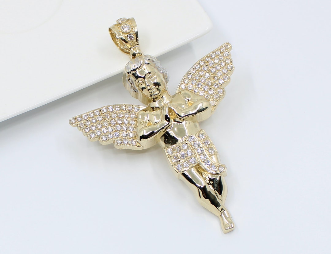 14K Yellow Gold Angel Pendant 3" With CZ Diamond Accents 3.5ct, Praying ...