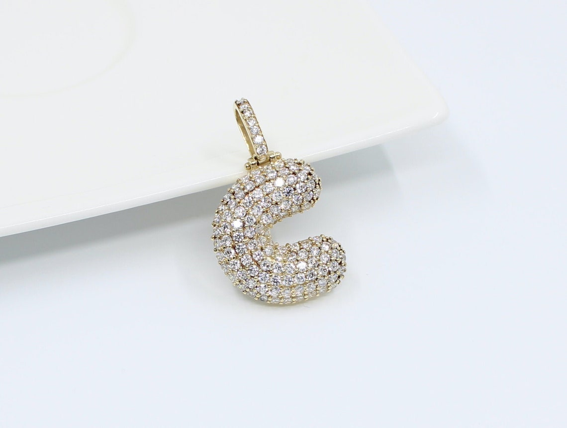 Buy 10K Solid Gold Letter C Initial CZ Diamond 1.5ct Charm Pendant ...