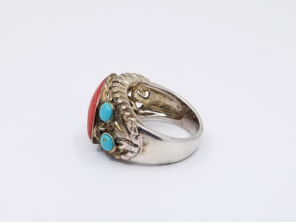 Turquoise and Red Coral Silver Ring Sterling Silver Vintage - Etsy