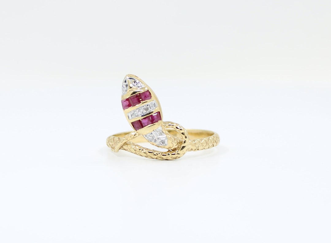 14K Yellow Gold Snake Ruby Diamond Ring, Square Baguette Cut Rubies ...