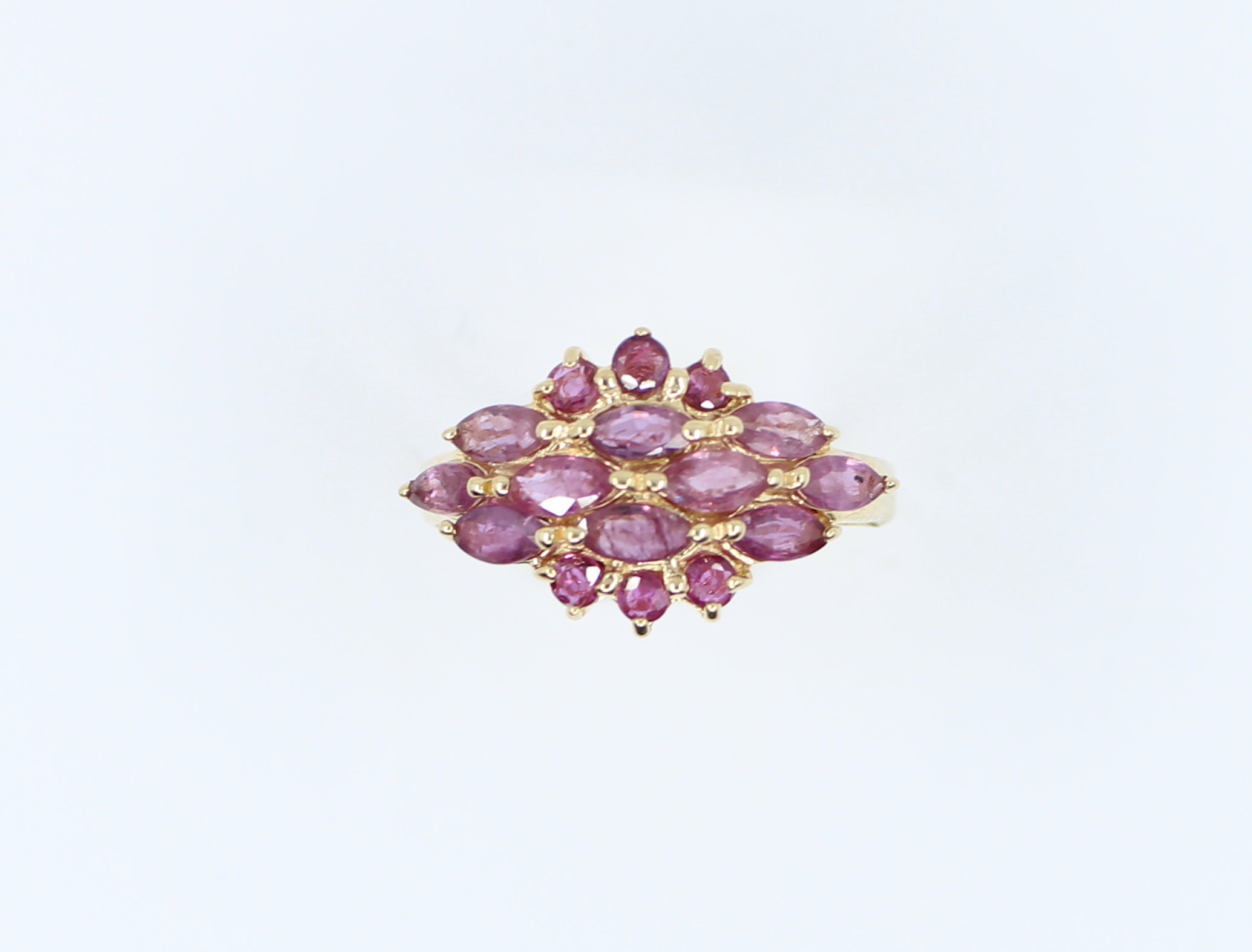 14K Gold Cluster Ruby Ring, Marquise and Round Cut Ruby Cocktail Ring ...