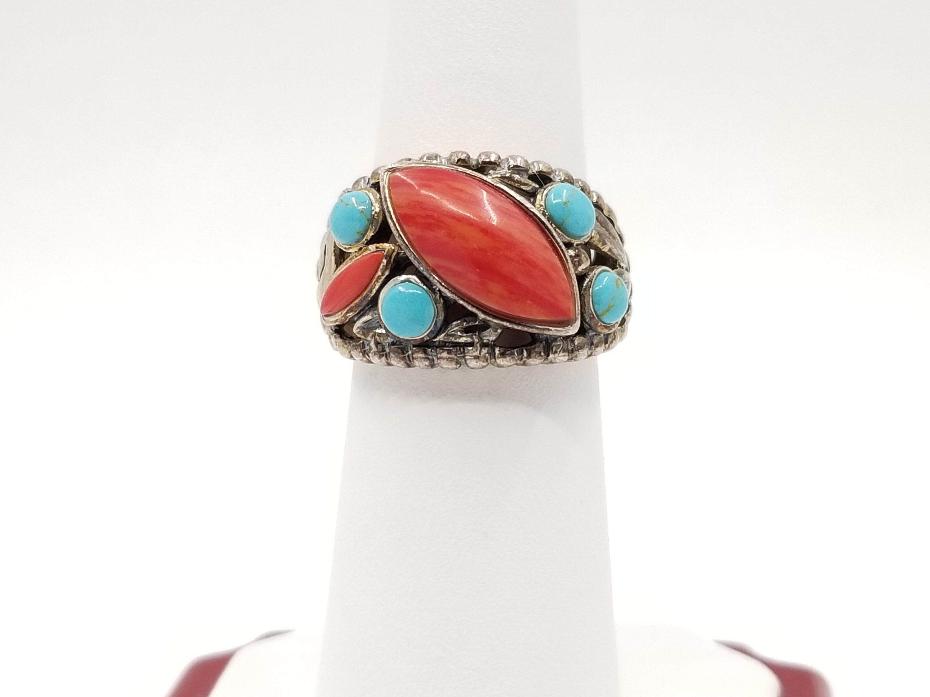 Turquoise and Red Coral Silver Ring Sterling Silver Vintage - Etsy