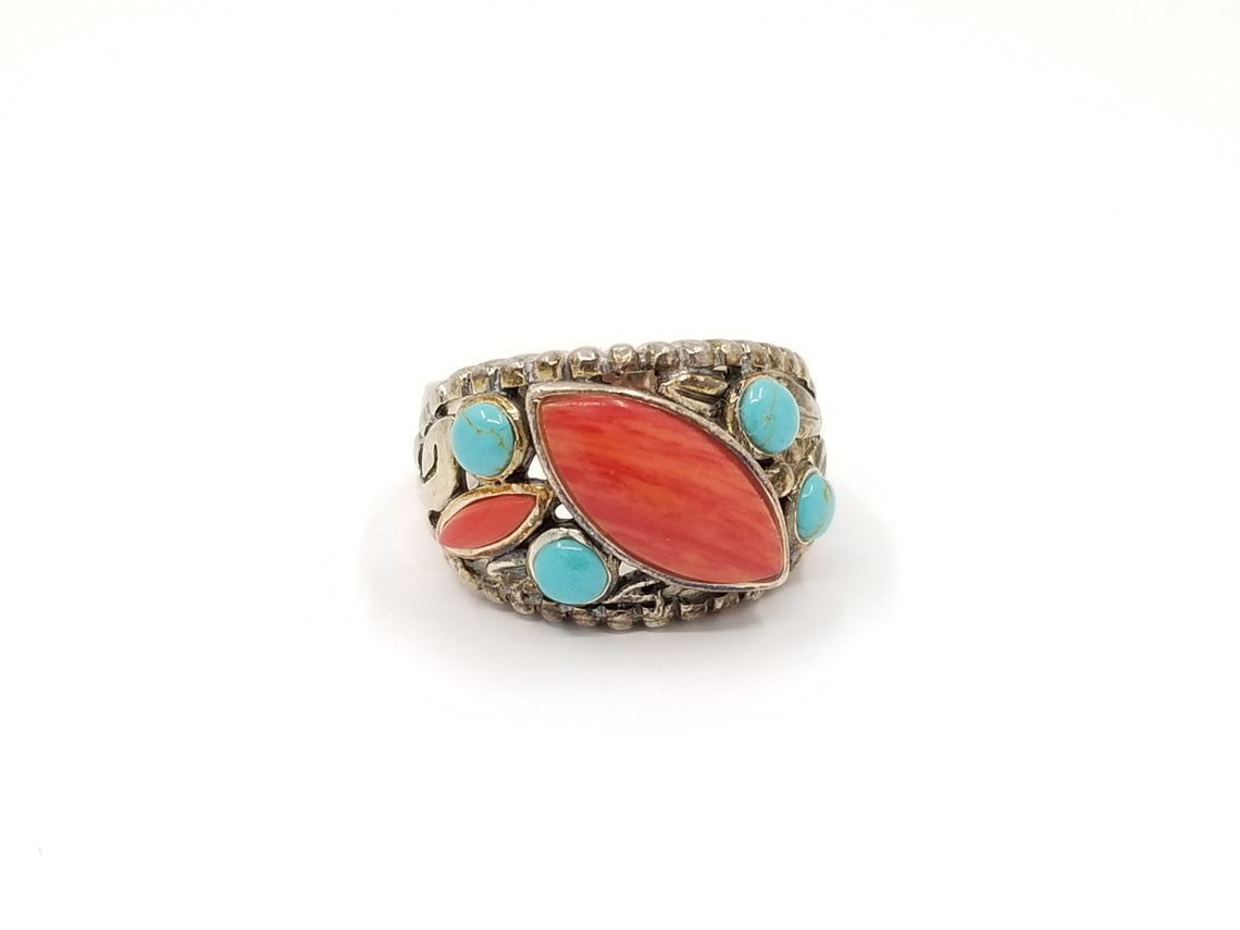 Turquoise and Red Coral Silver Ring Sterling Silver Vintage - Etsy