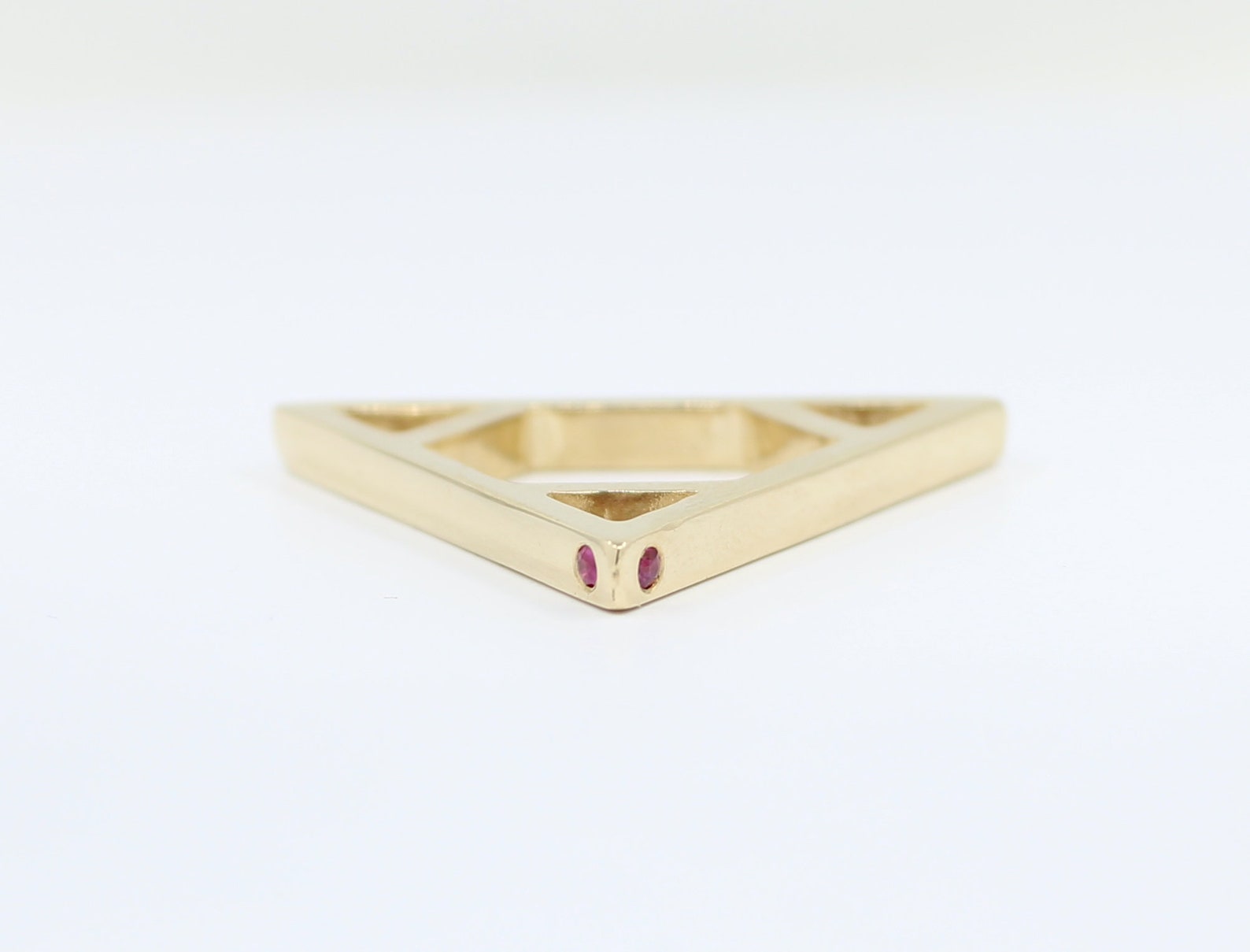 14K Gold Ruby Triangle Ring, Geometric Bar Style Ring, Red Ruby Knuckle ...