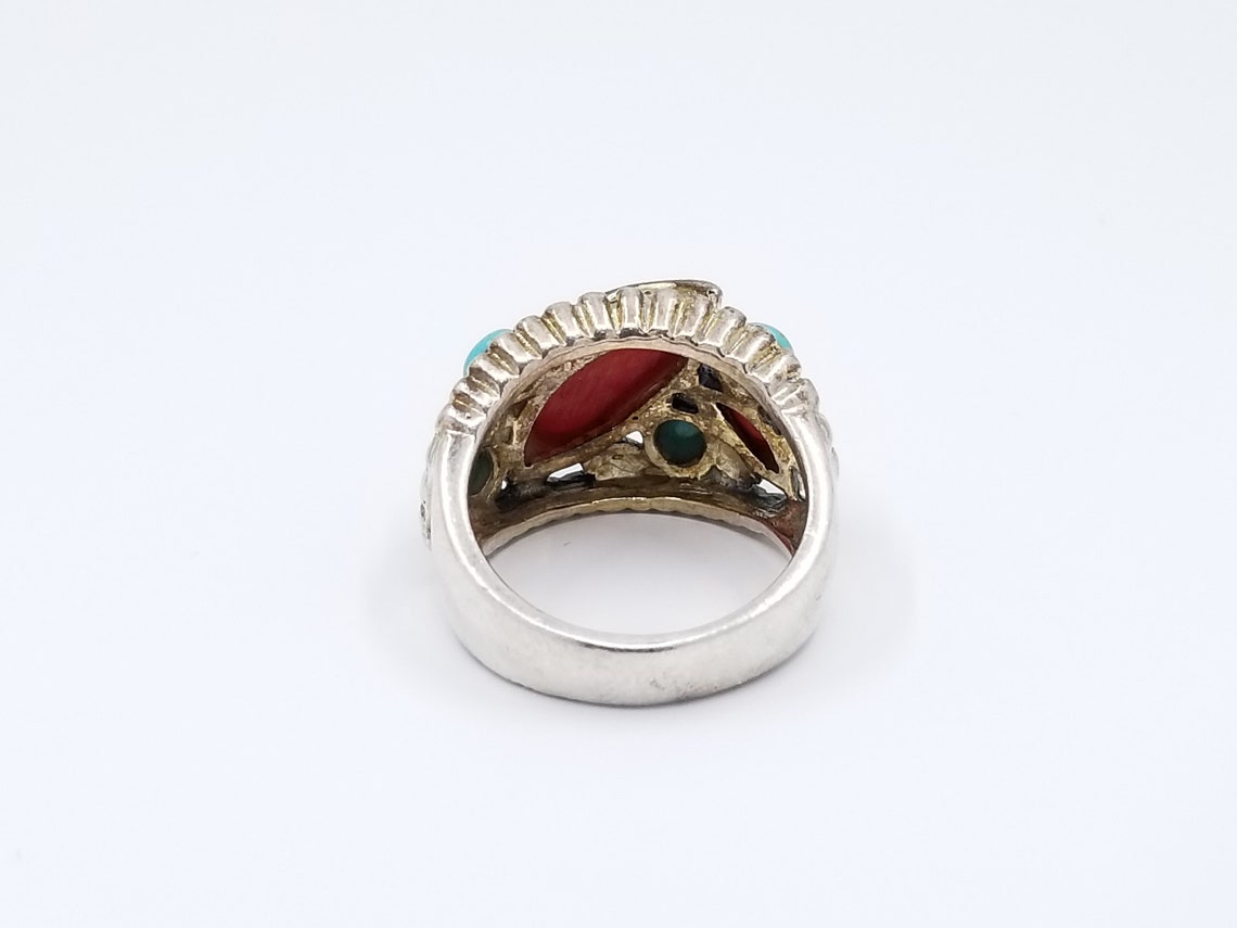 Turquoise and Red Coral Silver Ring Sterling Silver Vintage - Etsy