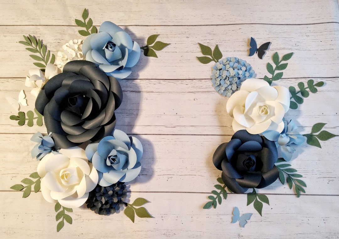Paper Flowers Wall Decor, Navy Blue, Baby Blue, Ivory Paper Flowers ...