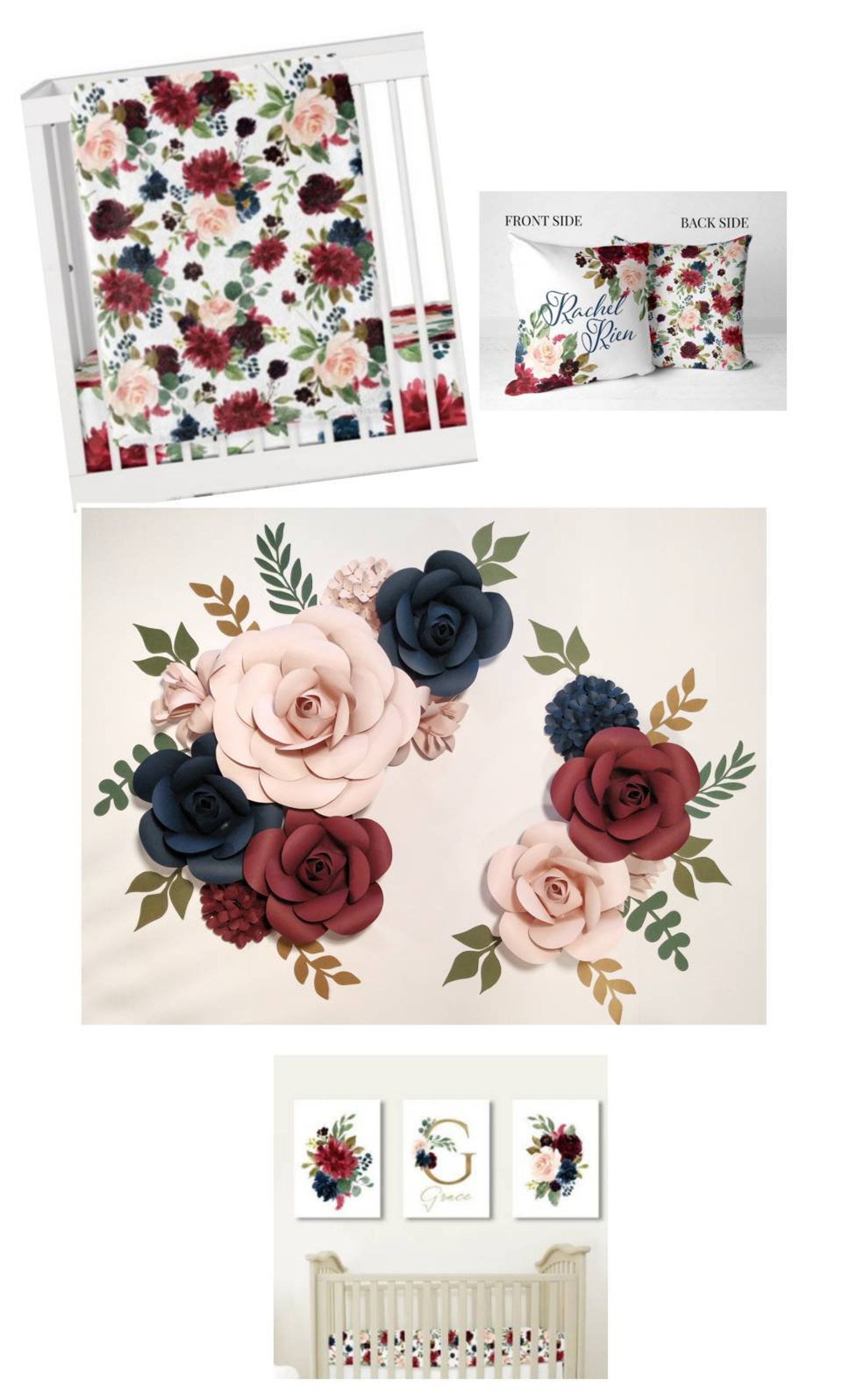 Paper Flowers Wall Decor, Burgundy, Navy Blue, Blush Paper Flowers ...