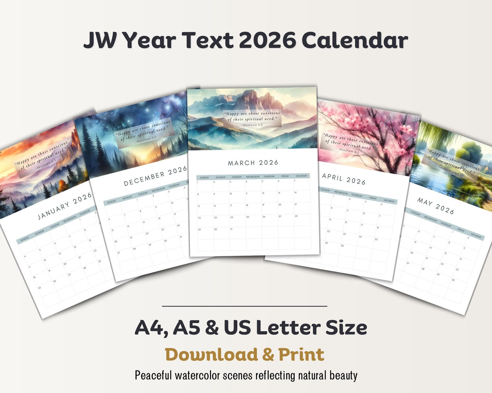2026 JW Calendar Printable | Watercolor Matthew 5:3 Scripture Planner ...