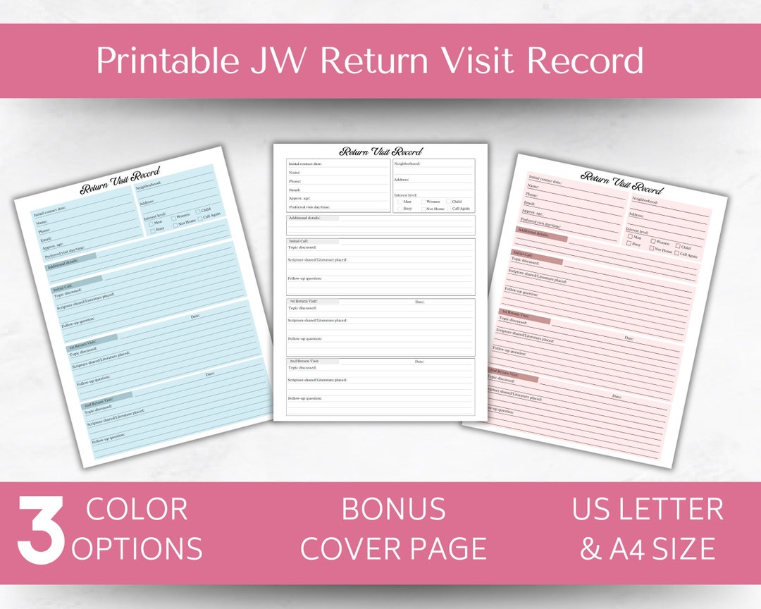 JW Return Visit Record Sheets, JW Return Visit Book, JW Baptism Pioneer ...