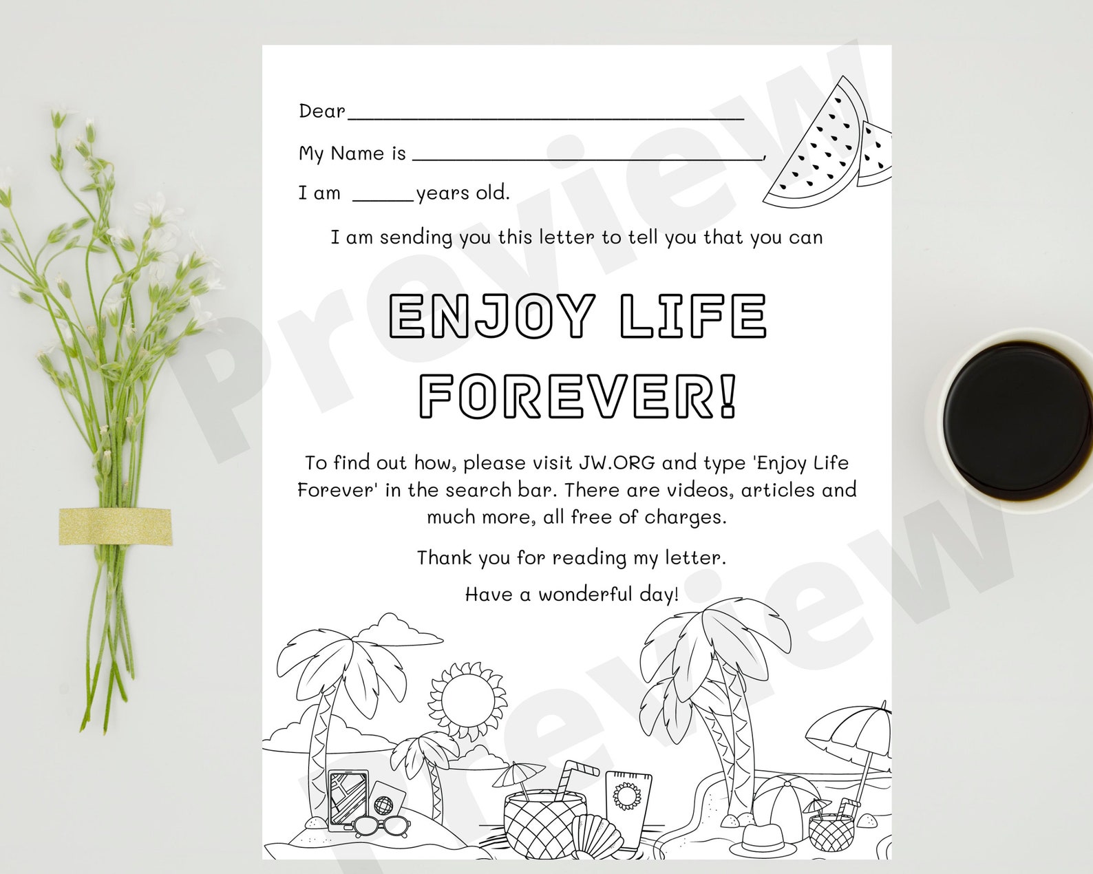 JW Enjoy Life Forever Letter Writing Paper, Kids Coloring Pages ...