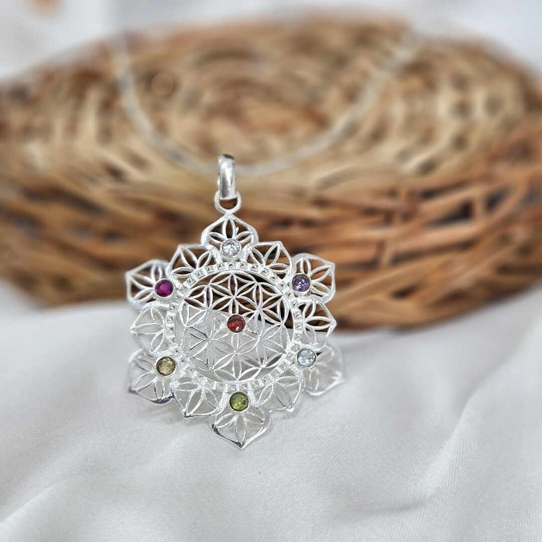 Chakra 7 Gemstones Pendant * 925 Sterling Silver Pendant * Religious Chakra Pendant * Spiritual ...