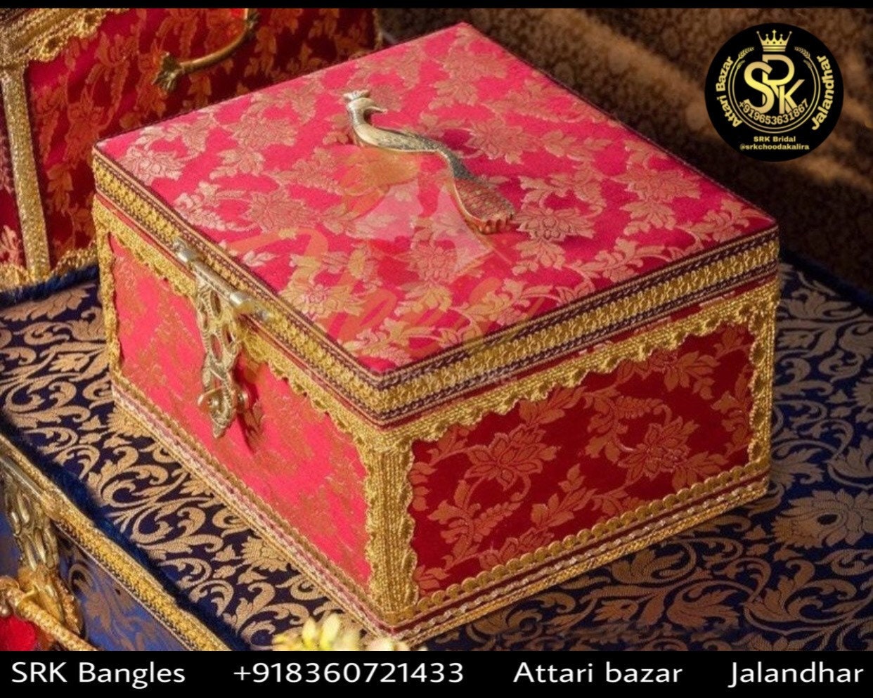 Rich Silk Red Brocket Trousseau Trunk With Chooda, Kaleera Box Wedding ...