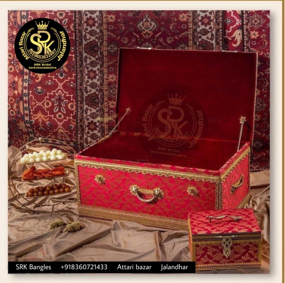Rich Silk Red Brocket Trousseau Trunk With Chooda, Kaleera Box Wedding ...