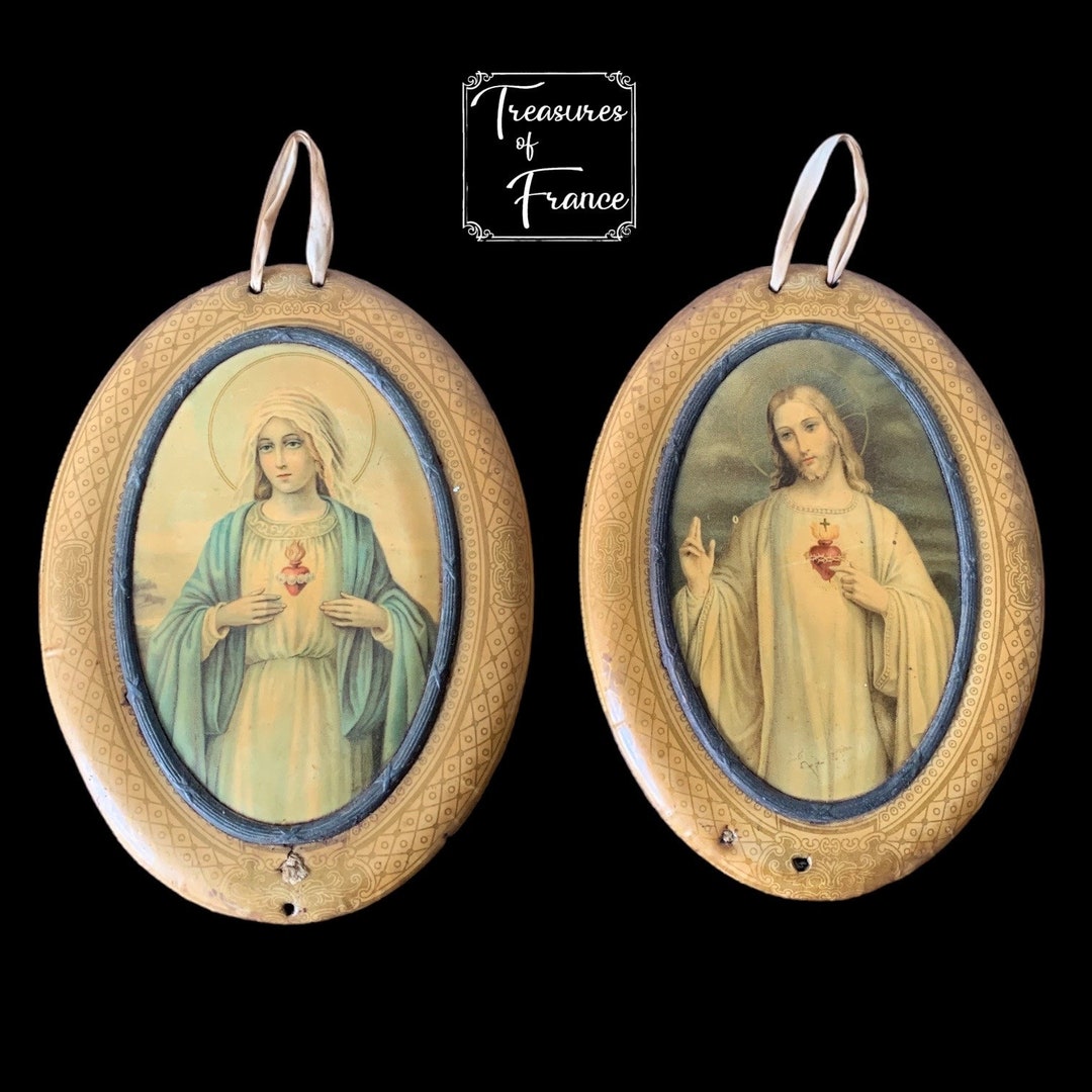 Antique Rare Pair Religious Oval Lithography Printing Celluloid on ...