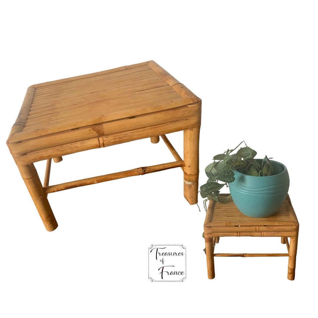 Vintage Small Bamboo Side Table Boho Retro Decor Plant Stand Bedside ...