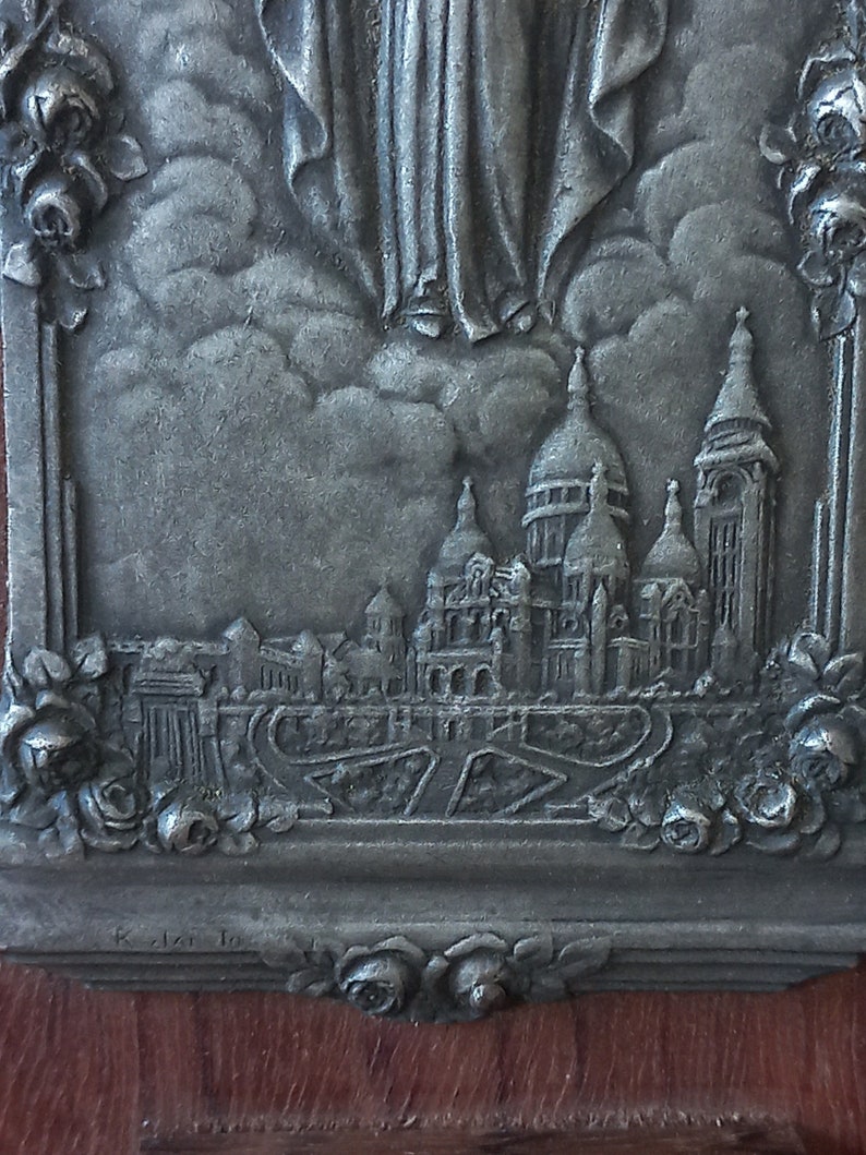 Vintage Jesus Christ Sacred Heart Artefact Embossed Metal Patina Plaque ...