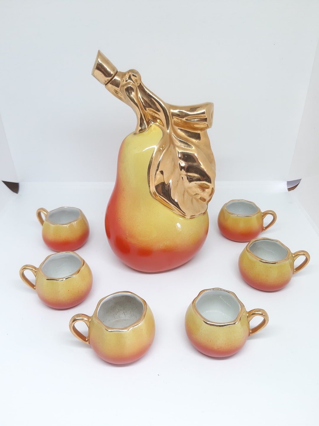 Vintage French Pear Shaped Pottery Liquor Bottle With Gold Leaves and ...