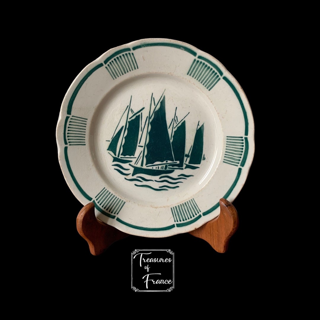 Antique Rare Boat Plate Green Stylization Boat Design Fishing Boats ...