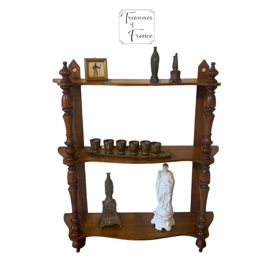 Vintage Rare Cherry Wood Wallhanging Tiered Shelf Unit Two Turned Wood ...