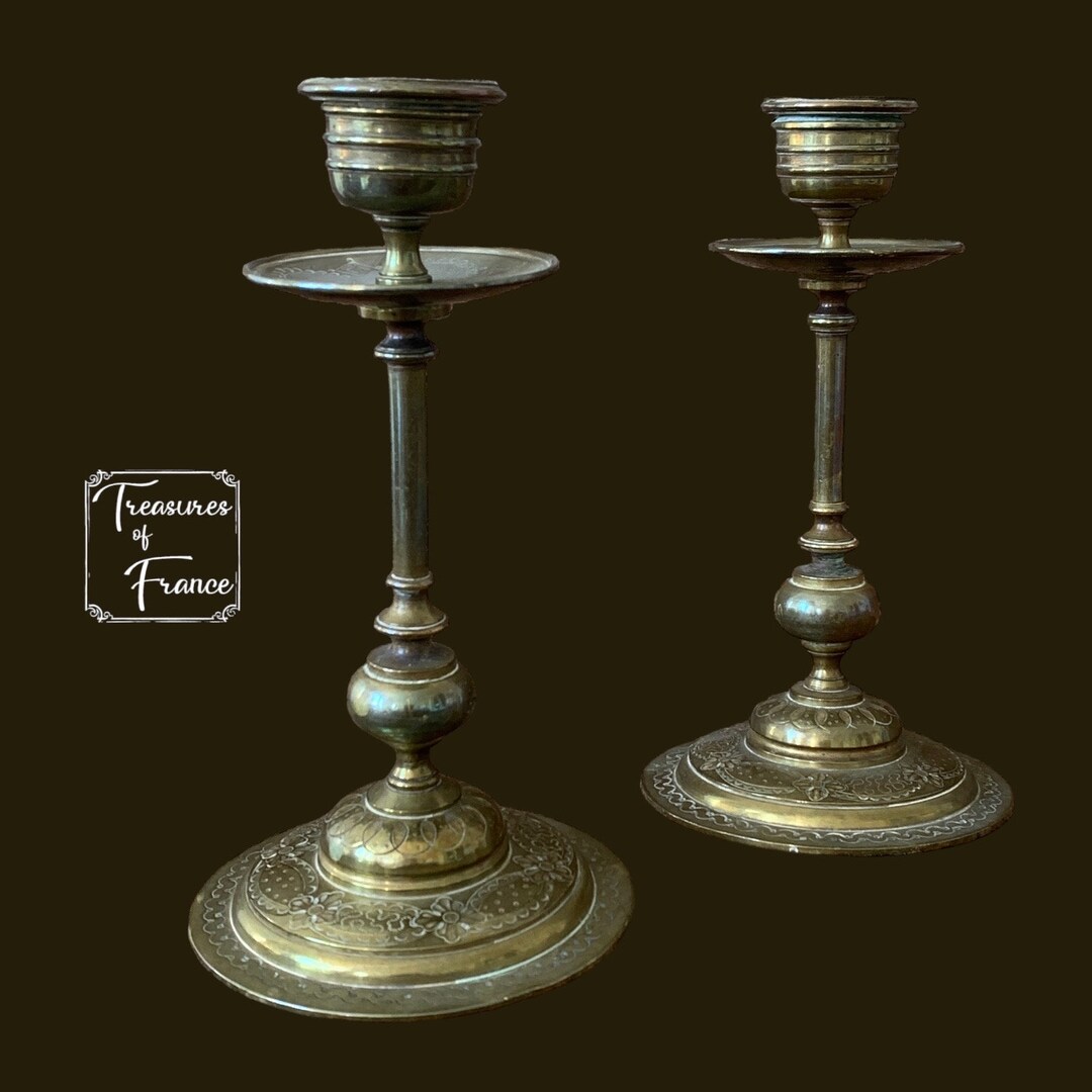 Vintage Pair of Brass Engraved Candlesticks Candle Holder Worn Brass ...