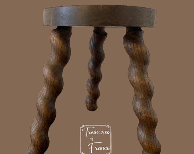 Vintage French Round Wooden 3 Legged Stool Barley Twist Style Legs ...