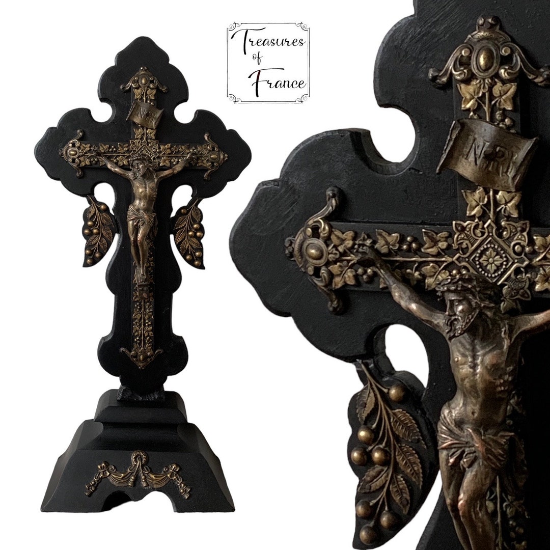 Antique Standing Altar Pedestal Intricated Metal Decor Crucifix Carved ...