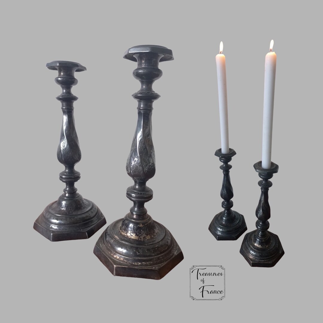 Vintage Pair of Candlestick Metal Embossed Engraved Candlesticks Candle ...