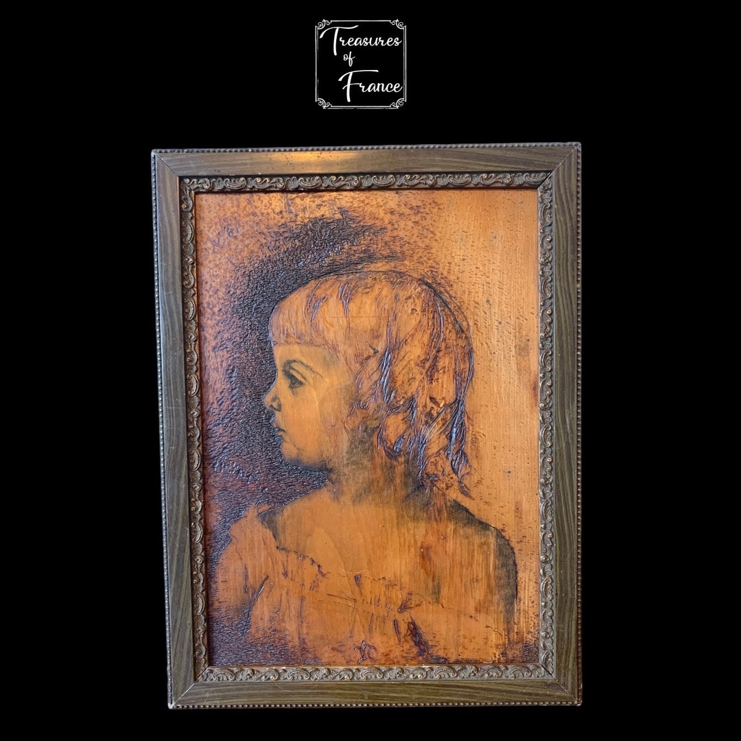 Antique Rare Find Portrait Young Girl Framed Pyrography Pencil Drawing ...