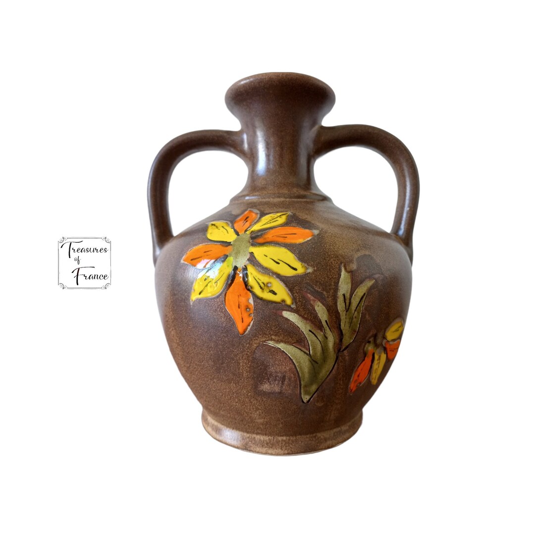 Vintage Ceramic Jar 2 Handles Earthenware Pottery Flowery Decorated ...