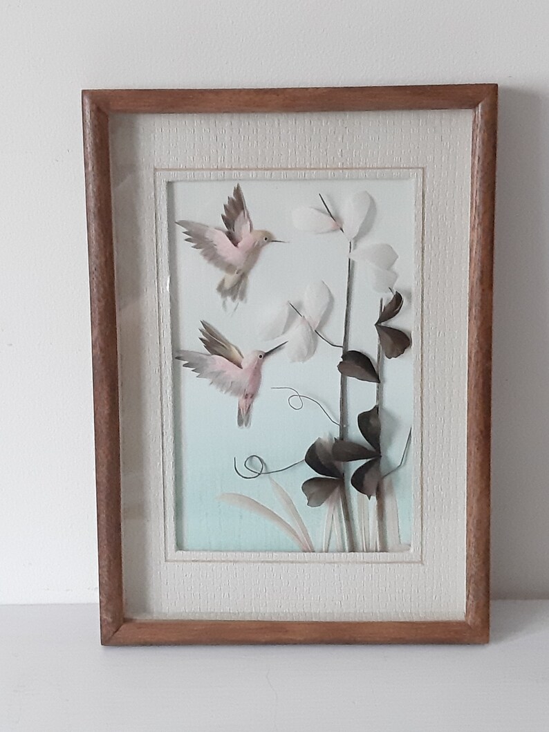 Vintage Feather Hummingbird Textile Art Picture Frame (circa 1970's) - Etsy