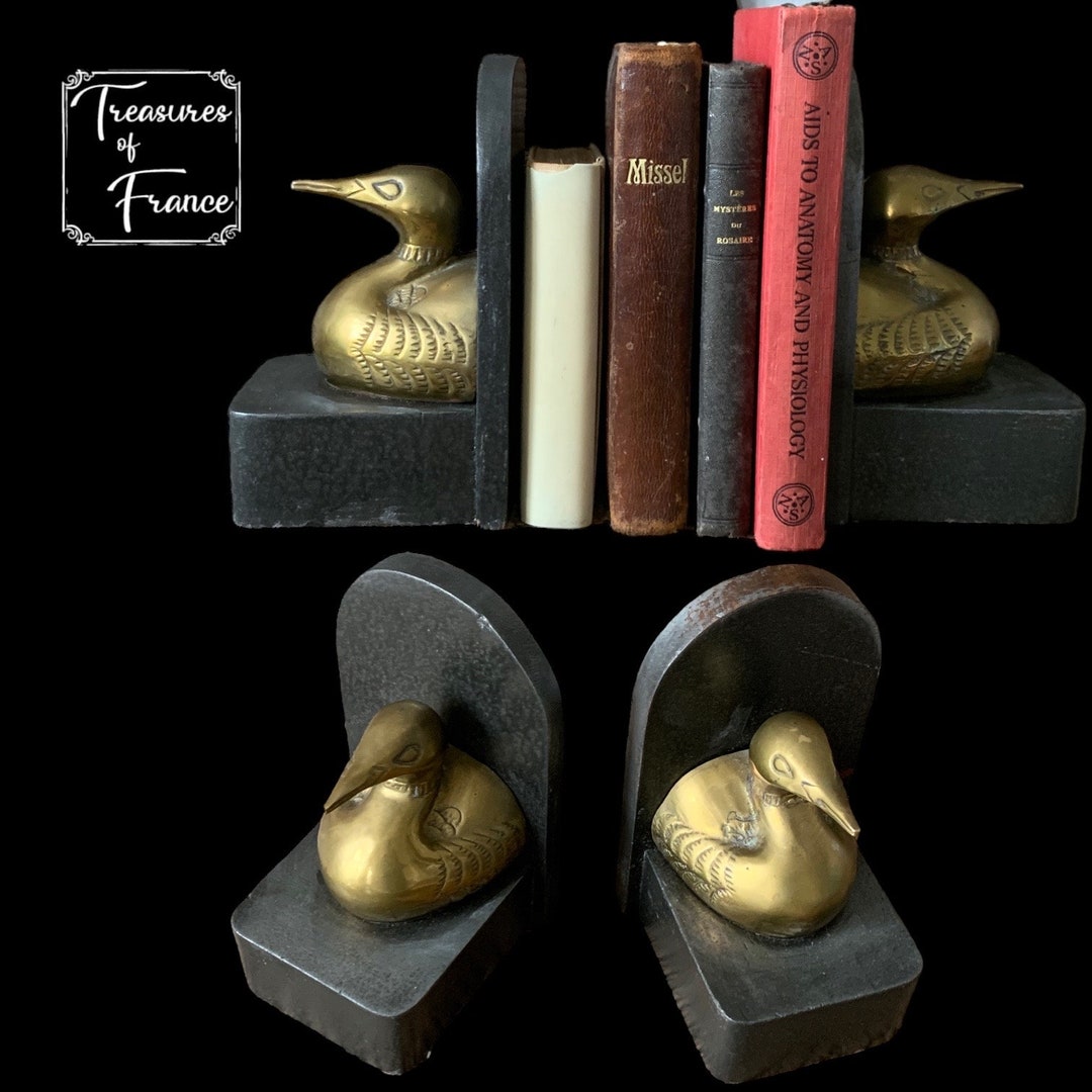 Vintage Pair Brass Duck Head Bookends Handmade Germany Wooden Plinth ...