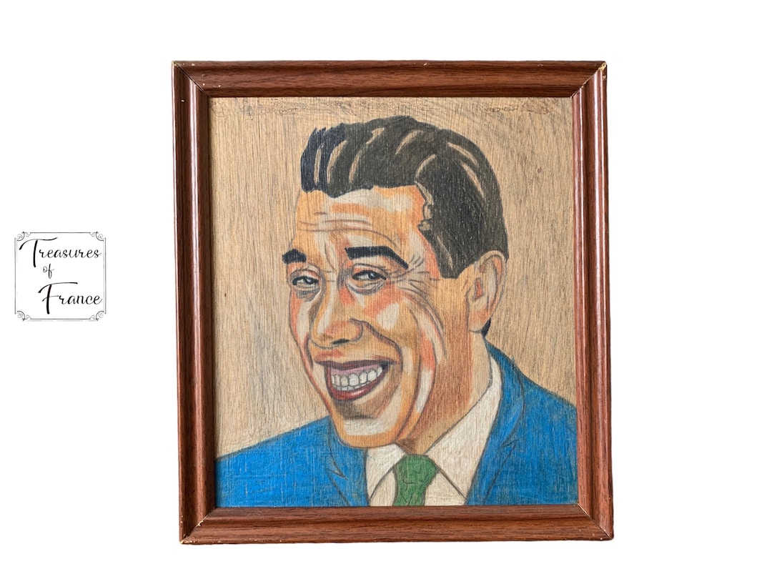 Vintage Unique Fernandel French Actor Pencil Pastel Portrait Drawing ...