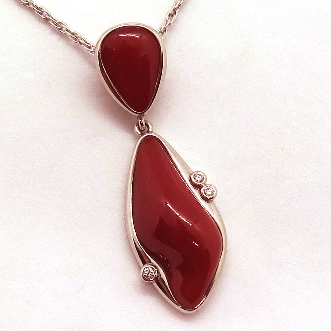 Natural Genuine Precious Red Coral Platinum Pendant Necklace • One of A ...