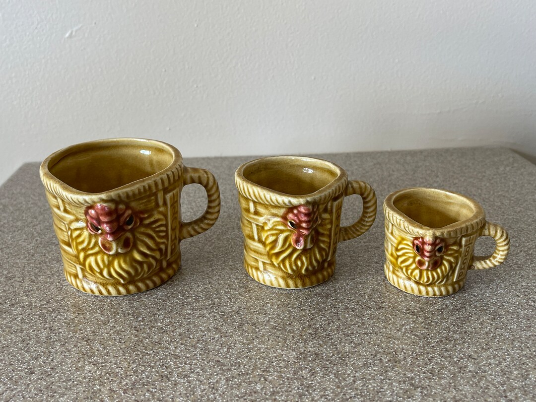 Vintage Rooster Chicken Hen Measuring Cup Set Ceramic Graduated Kitchen ...