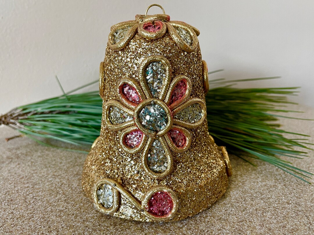 Vintage Bell Christmas Ornament Gold Glitter Bell Ornament MCM 1960s ...