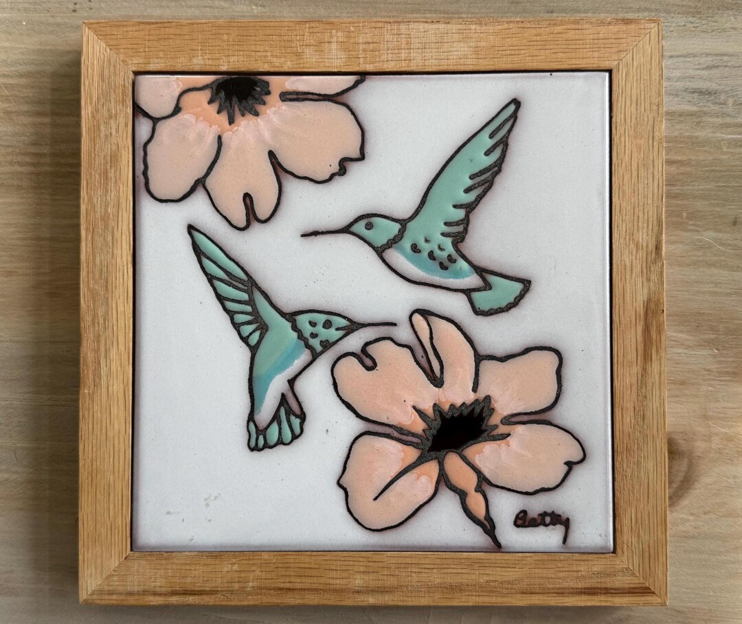 Vintage Hummingbird Tile Trivet Pink Flower Ceramic Tile Handcrafted ...