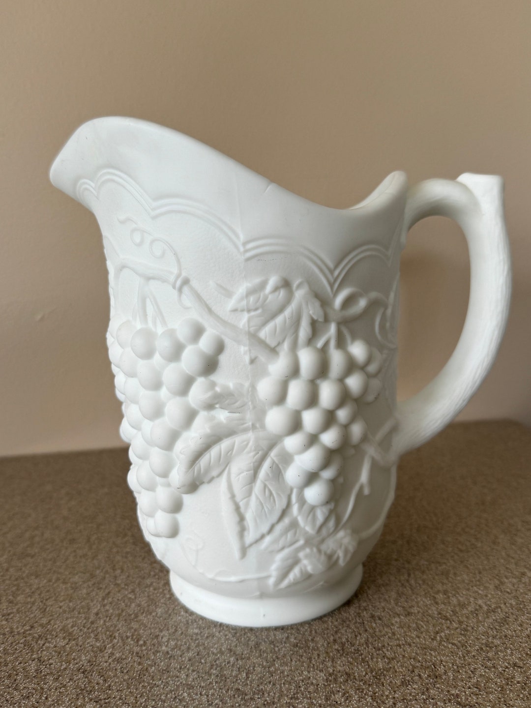 Imperial Milk Glass Pitcher Grapevine Design Branch Handle Vintage ...