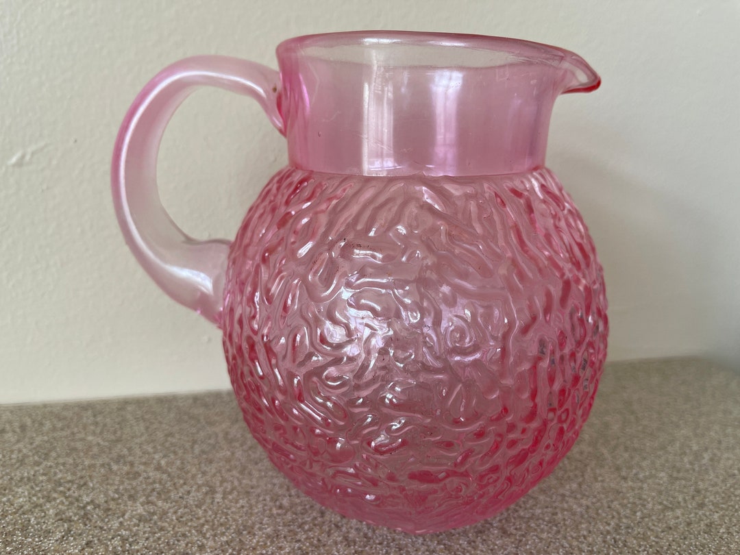 Crinkle Glass Pink Pitcher Vintage Rose Pink Pitcher Vintage Art Glass ...