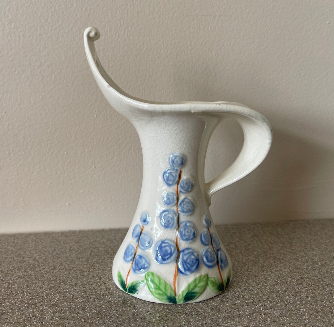 Japan Hand Painted Hollyhocks Ceramic Pitcher Embossed Blue Flowers ...