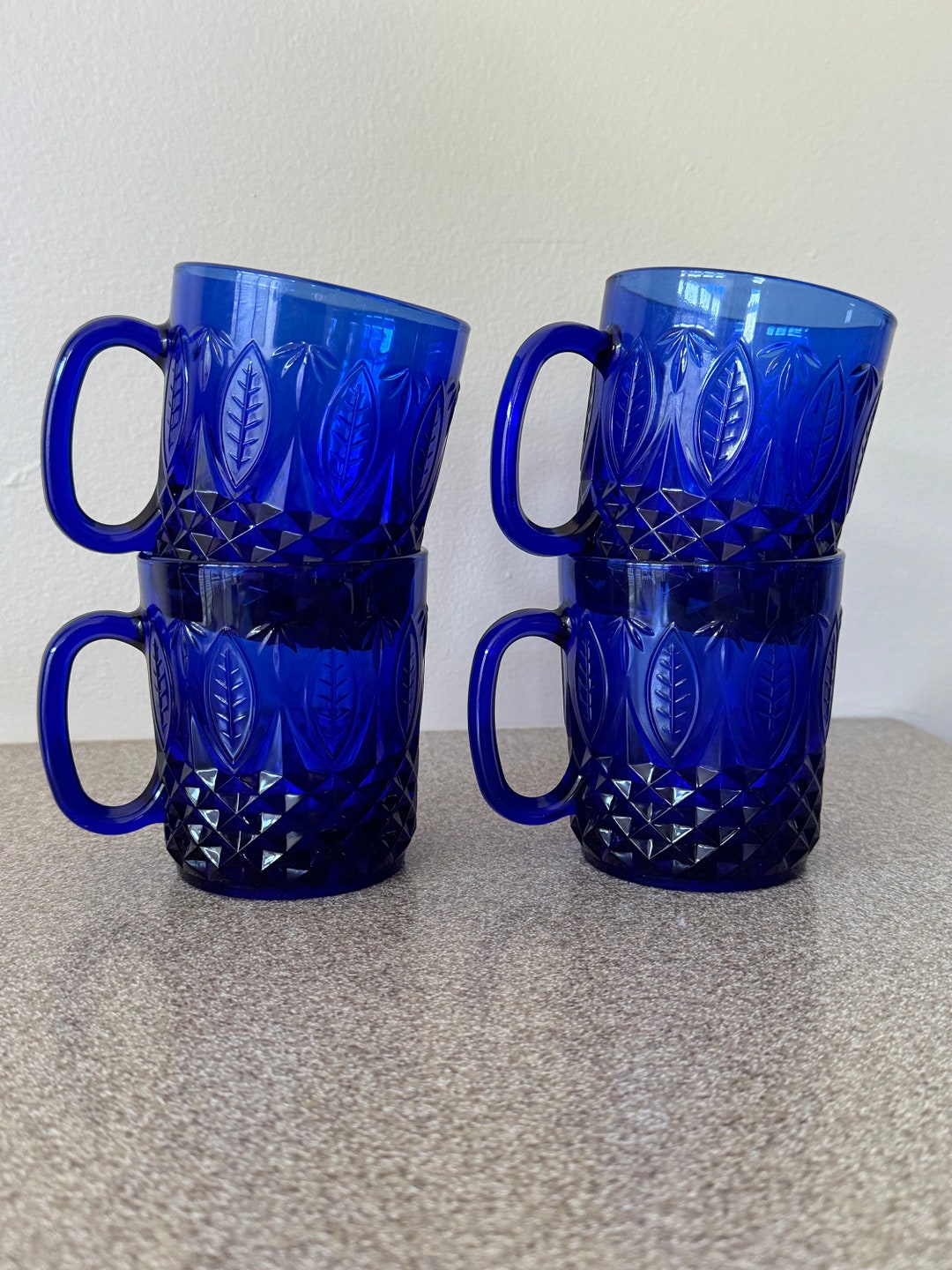 4 Cobalt Blue Glass Coffee Cups Blue Pressed Glass Feather Pattern ...